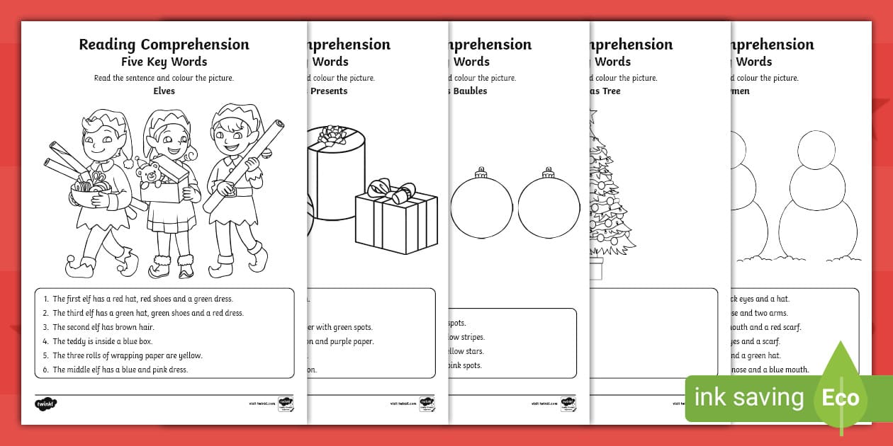 Christmas-Themed Five Key Words Reading Comprehension Worksheets