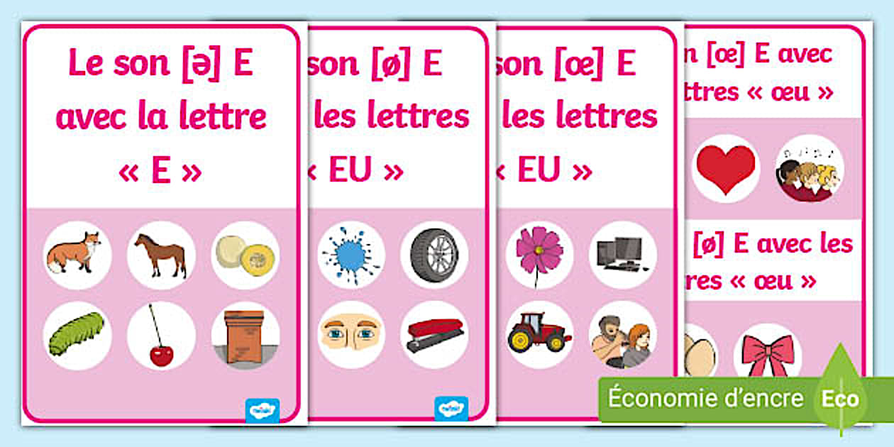 Affiche: les sons [œ], [ø] et [ə] avec les lettres e, eu et oeu