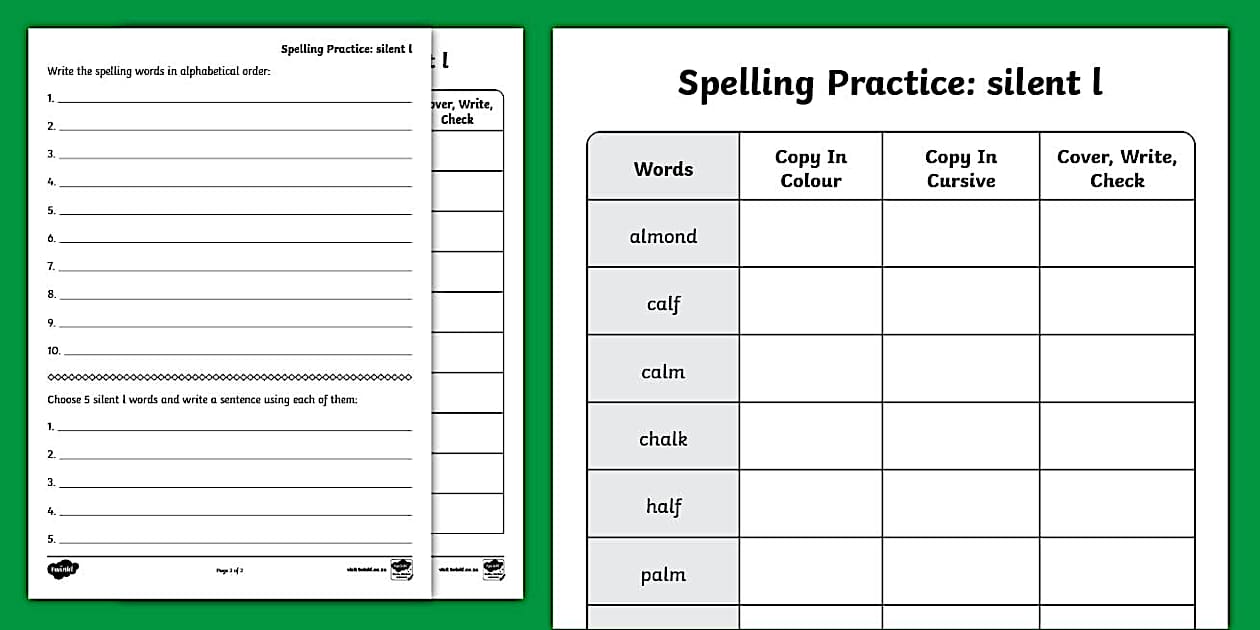 Grade 3 silent l Phonics Spelling Practice Sheets - Twinkl