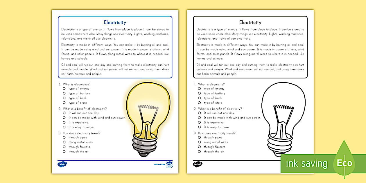 Second Grade Electricity Reading Comprehension Worksheet - Twinkl