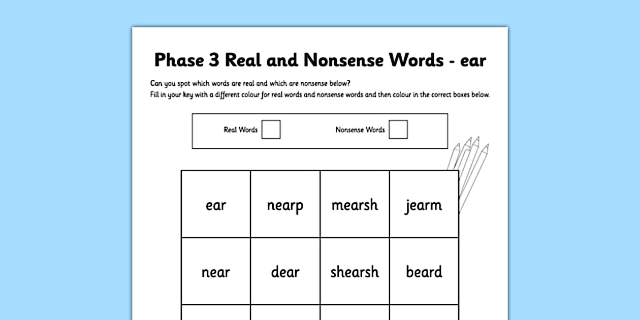 Editable Phase 3 ear Colour by Phoneme Real and Nonsense Words Worksheet