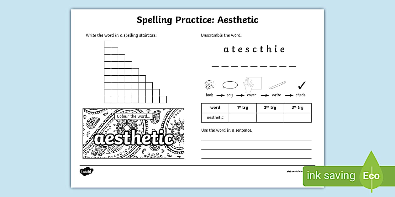 Aesthetic Spelling Practice Worksheet (teacher made)