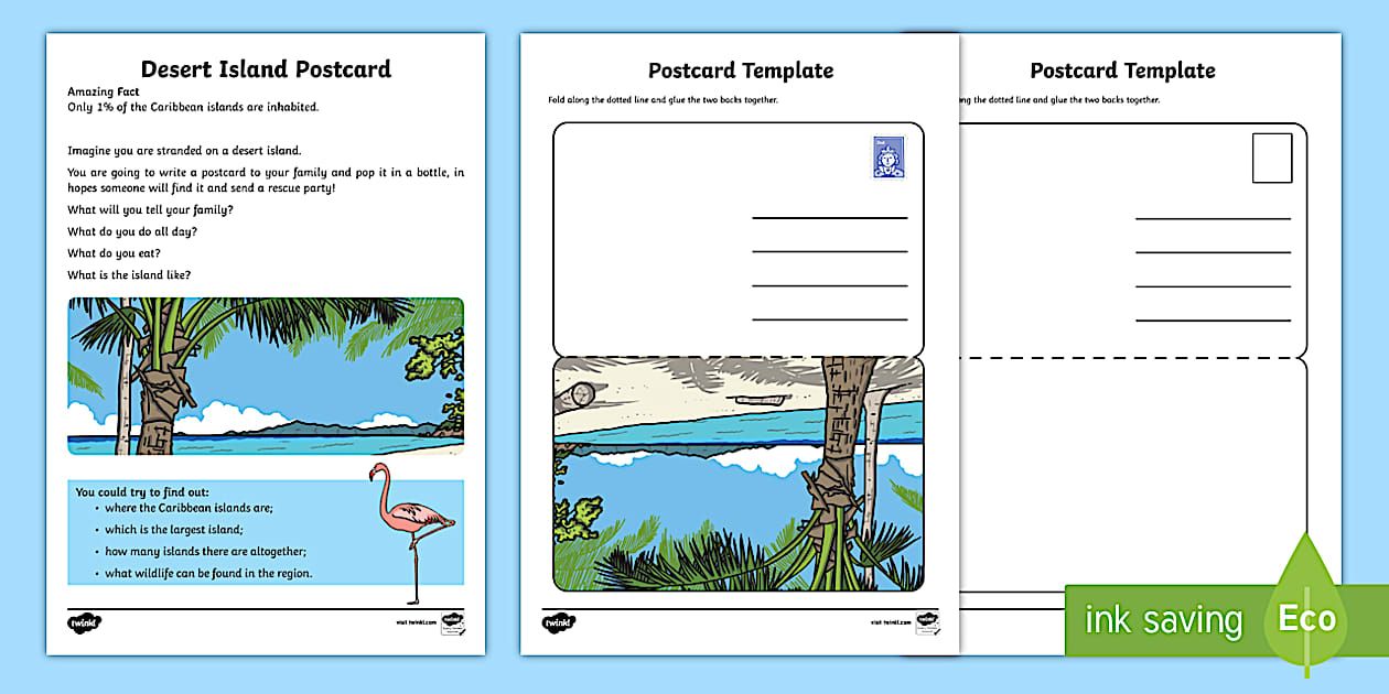 Black and White Desert Island Postcard Writing Worksheet