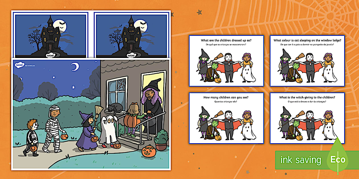 Halloween Scene and Question Cards English/Portuguese - Halloween Scene and