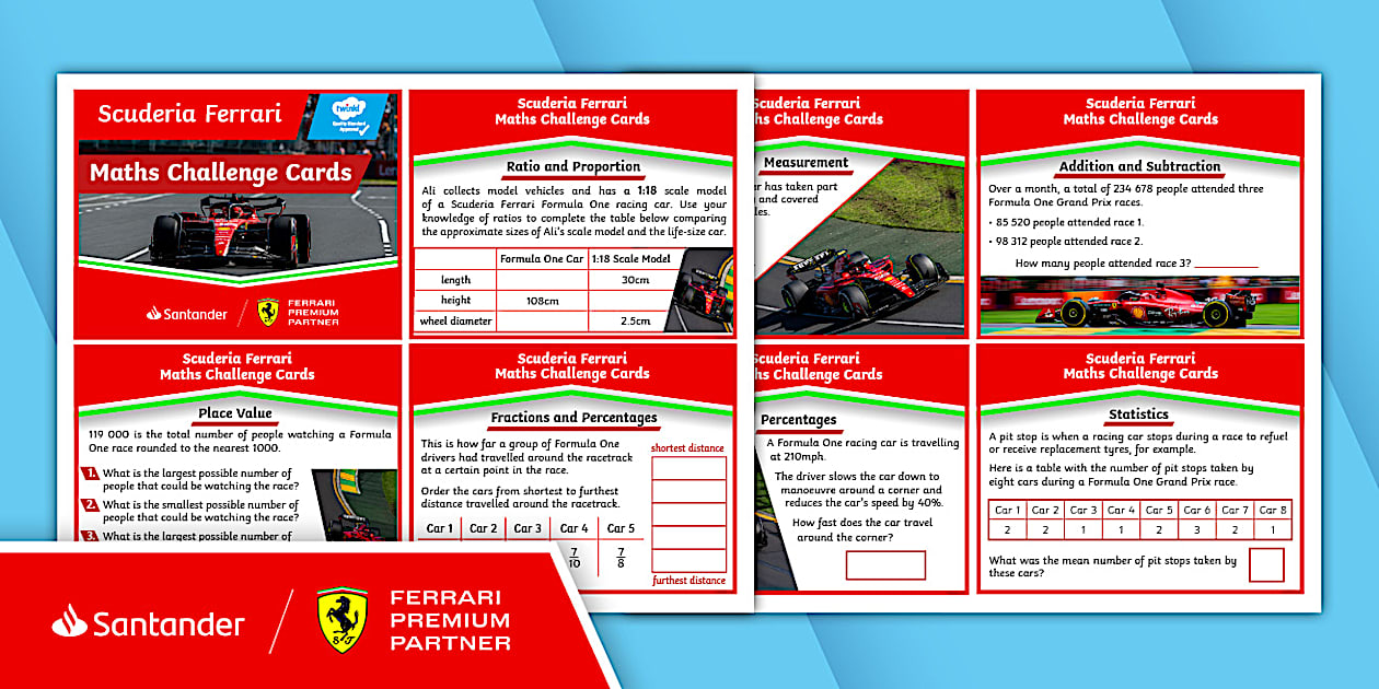 FREE! - Scuderia Ferrari F1: Math Challenge Cards Age 9 to 11