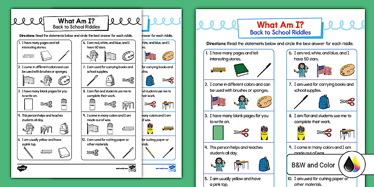 What Am I? Back to School Riddles for ELL (teacher made)