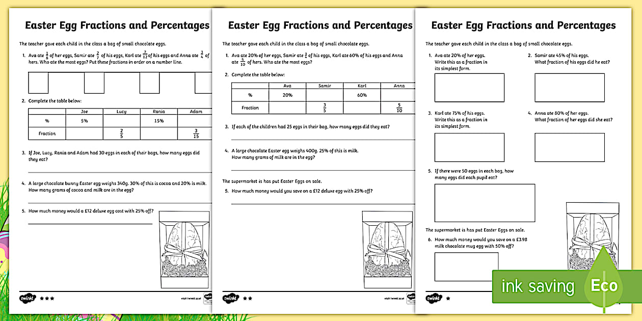 Easter Eggs Fractions and Percentages Differentiated Worksheets