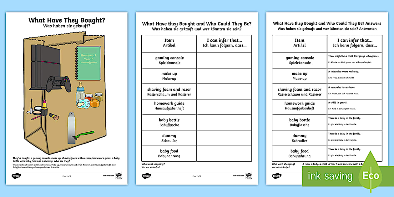 'What Have They Bought?' Making Inferences Activity English/German