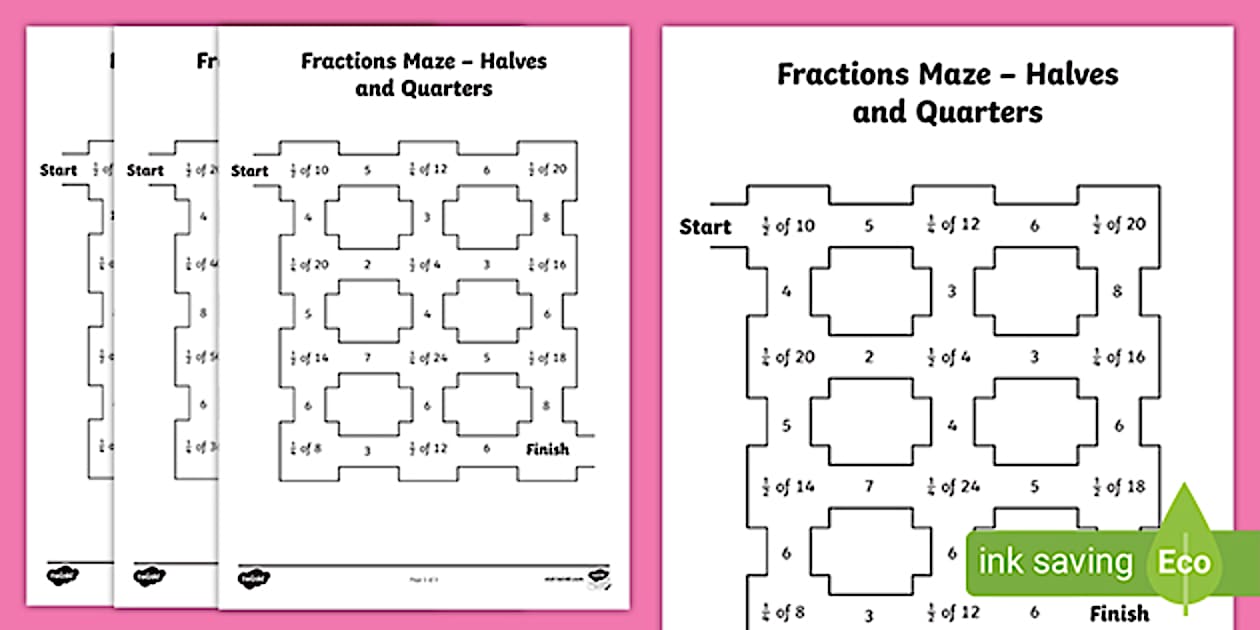 Halves and Quarters Fractions Maze Worksheet - Twinkl
