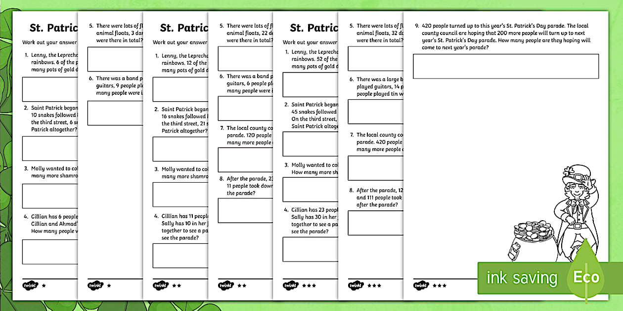 Cursive St. Patrick's Day Maths Word Problems Worksheets