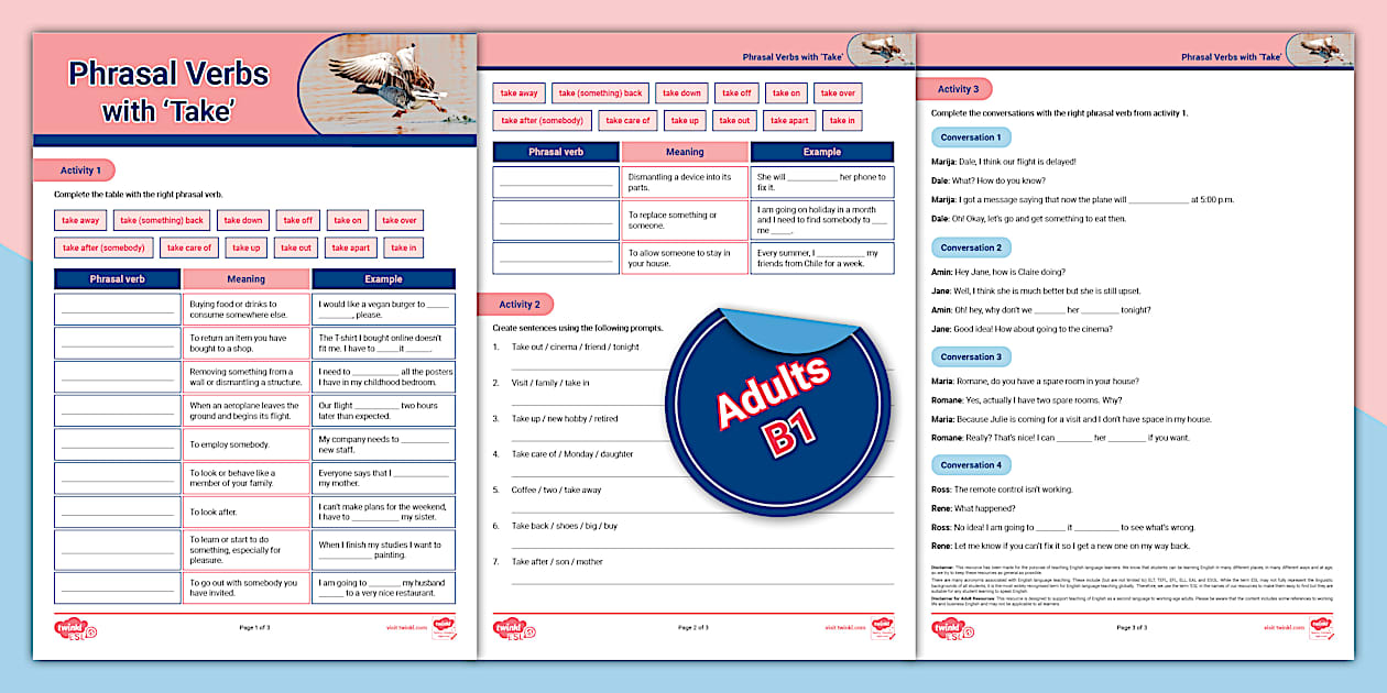 ESL Phrasal Verbs with Take Worksheet [Adults, B1] - Twinkl