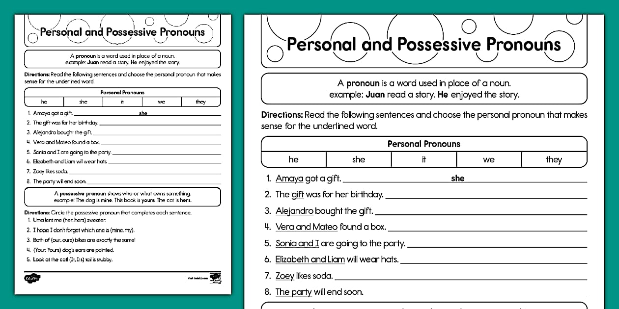 Second Grade Personal and Possessive Pronoun Worksheet