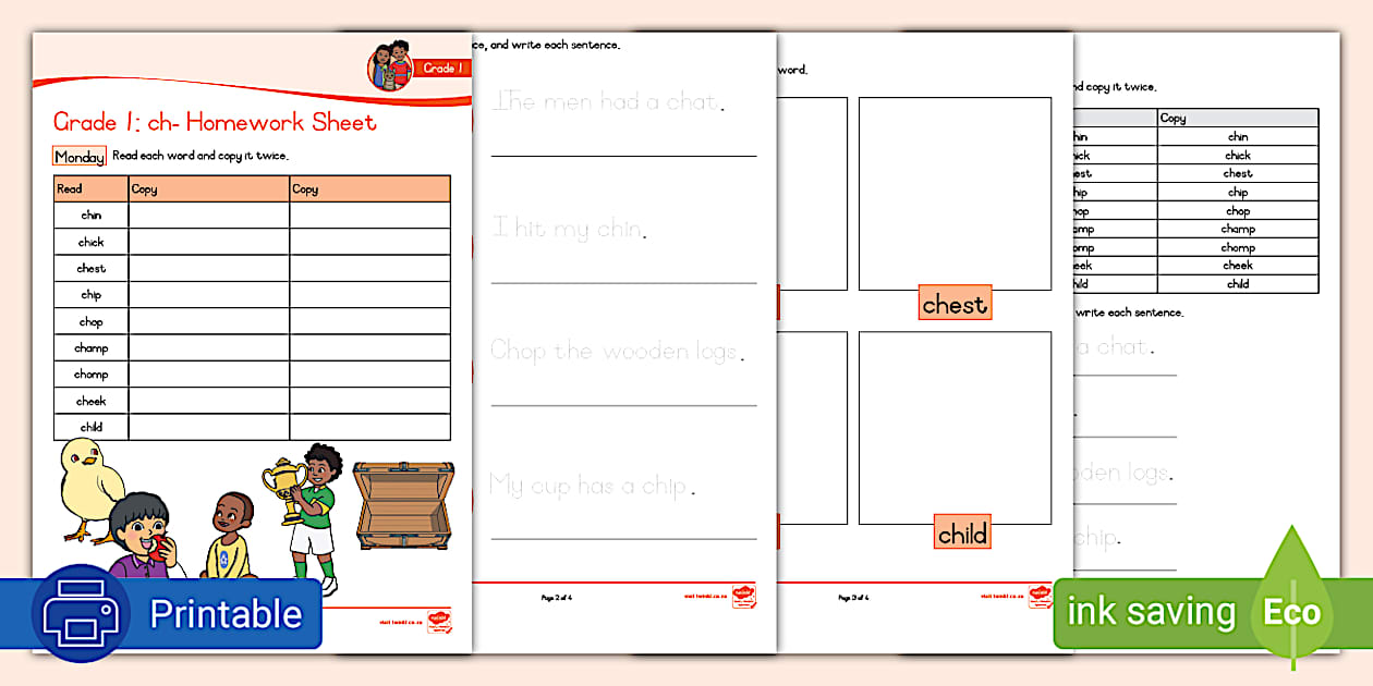 Grade 1 Phonics: ch- Homework Sheet (teacher made) - Twinkl