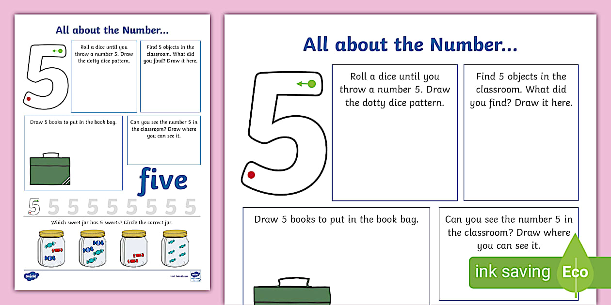 All about the Number 5 Worksheet (teacher made) - Twinkl