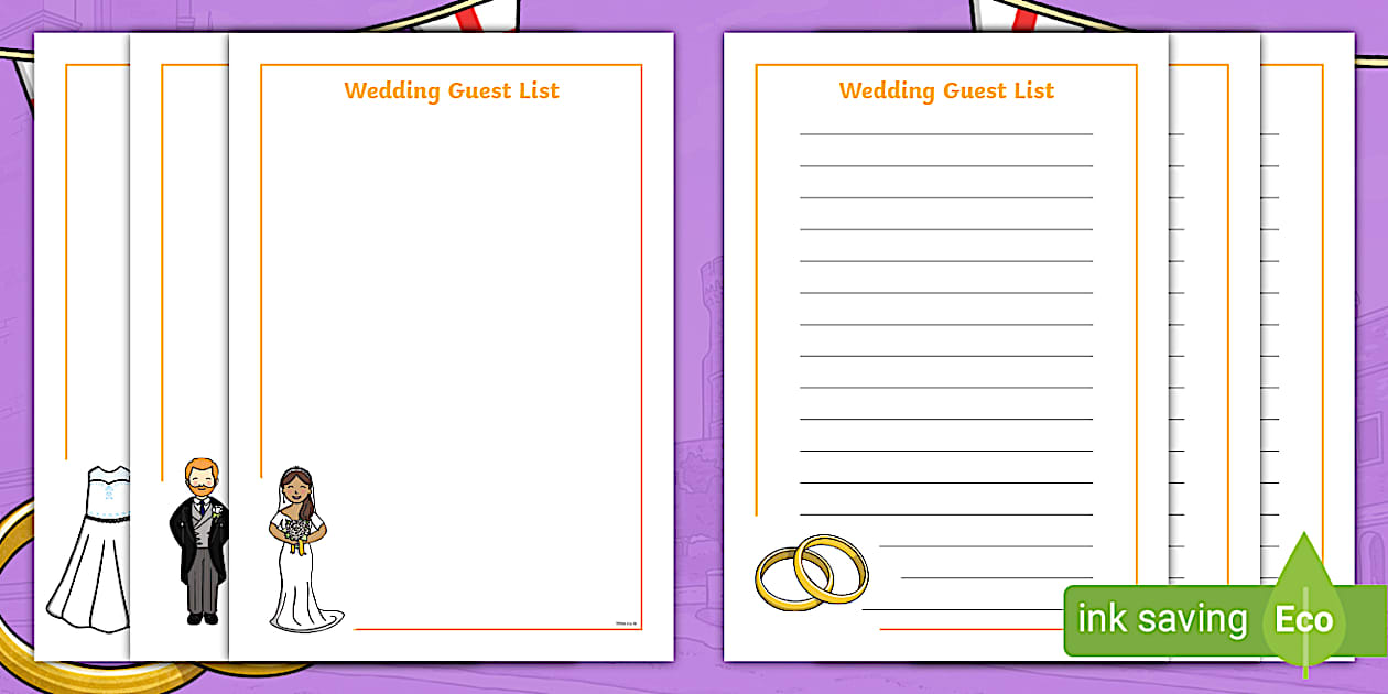 Black and White Wedding Guest List Worksheet - Twinkl