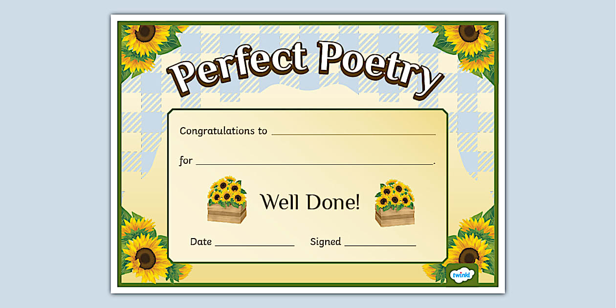 Sunflower-Themed Perfect Poetry Certificate (teacher made)