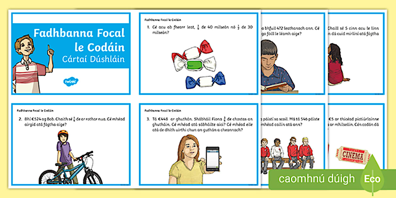 Fractions Word Problem Challenge Cards Gaeilge - Twinkl