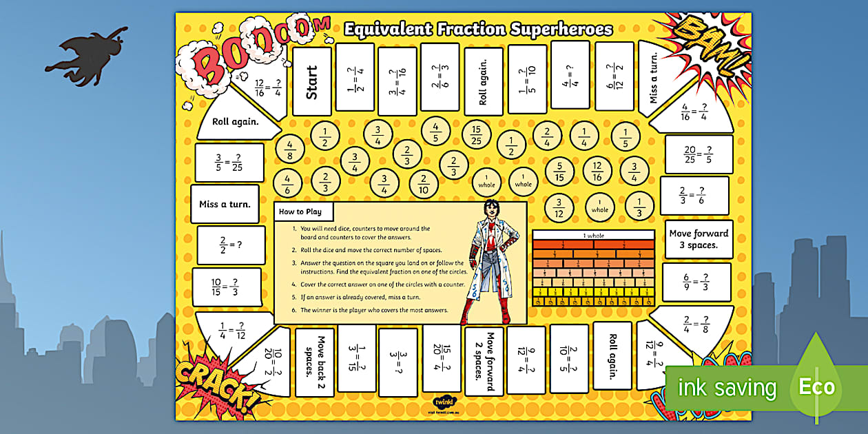 Equivalent Fractions Superheroes Board Game - Twinkl