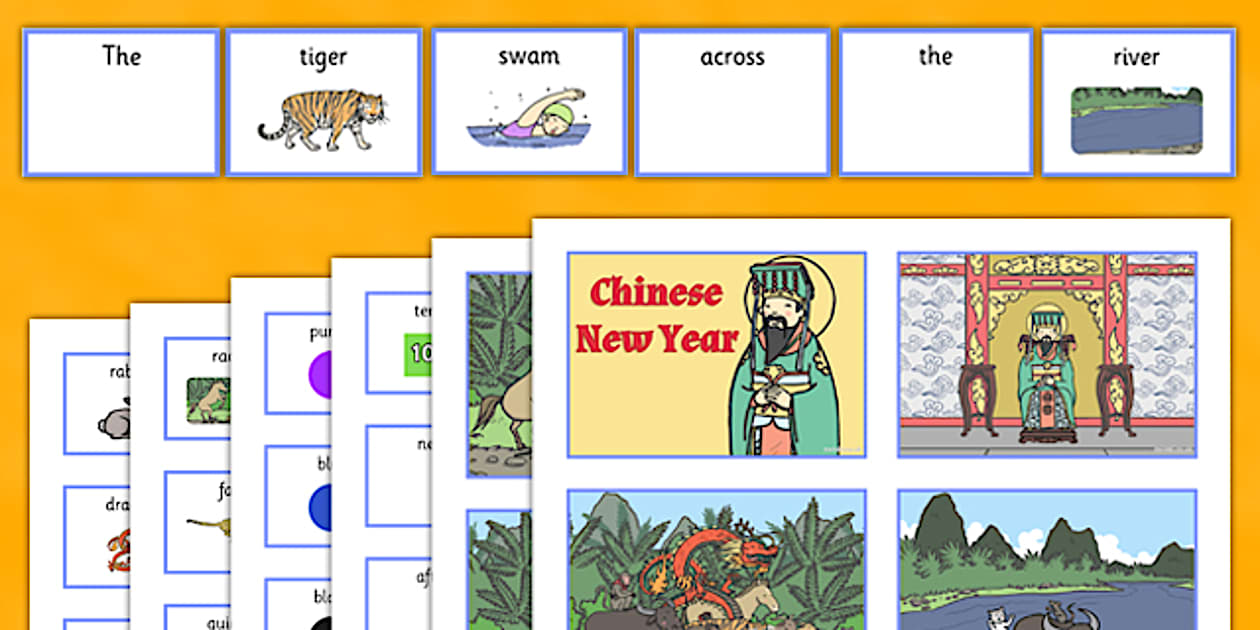 Chinese New Year Story Pictures with Matching Sentence Building Cards