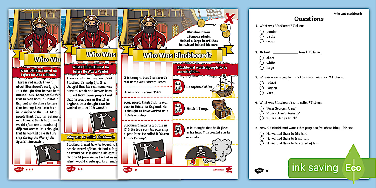 KS1 Who was Blackbeard? Differentiated Reading Comprehension