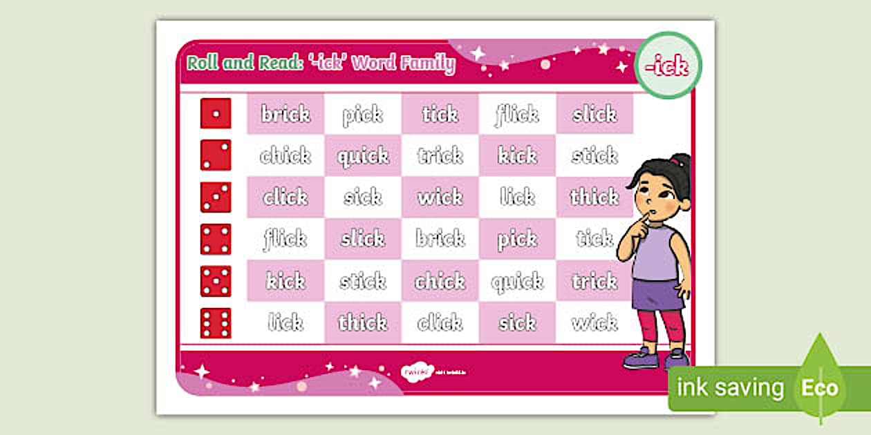 Roll and Read Word Family '-ick' Board Game (teacher made)