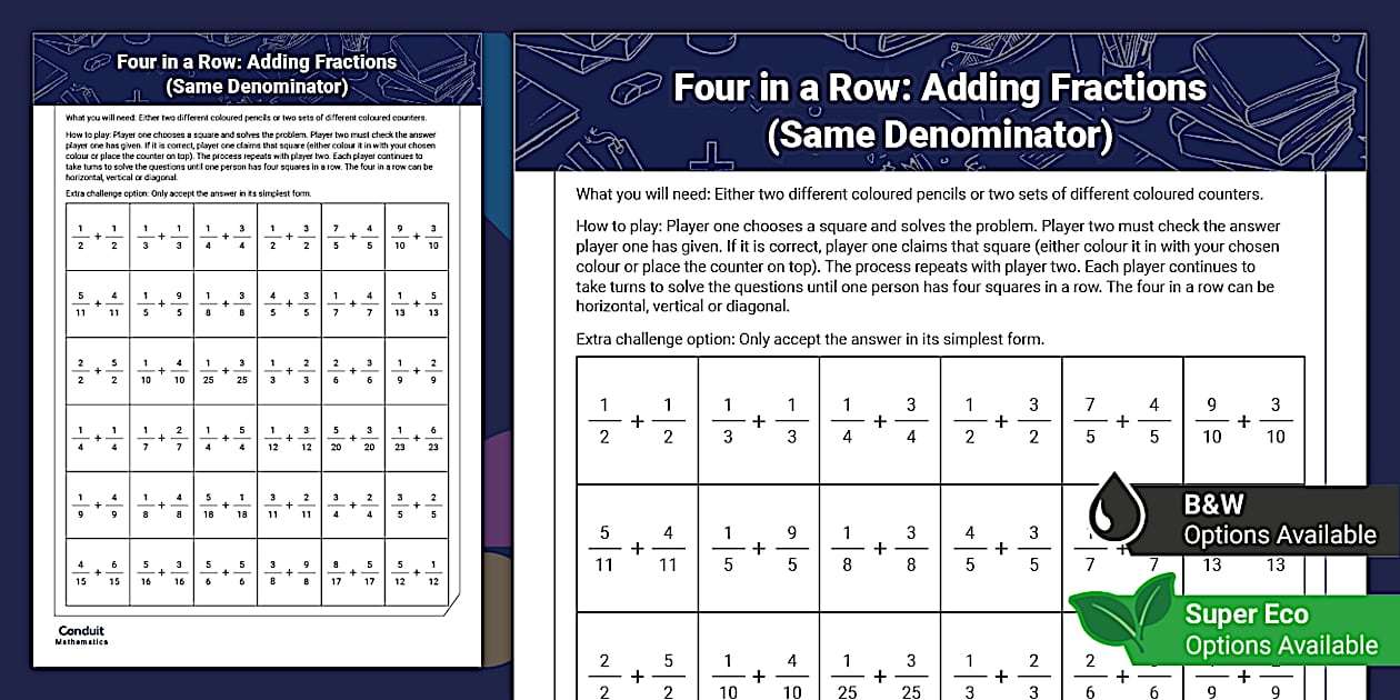 Four in a Row: Adding Fractions (Same Denominator) - Twinkl