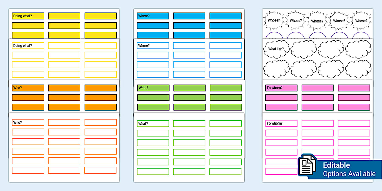 Colourful Semantics Blank Word Card Templates (teacher made)