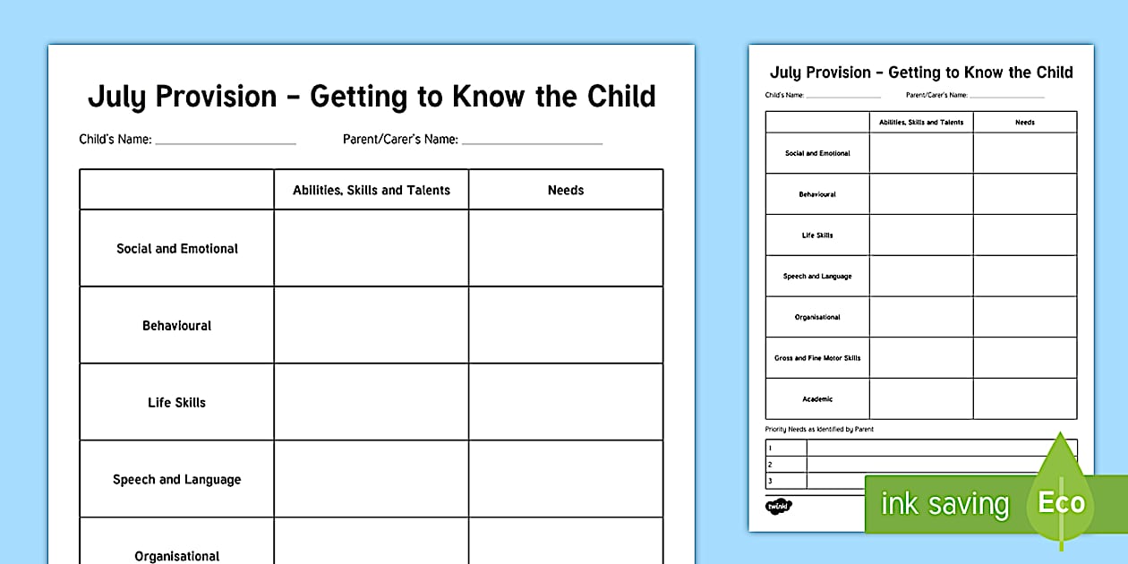 July Provision - Getting to Know the Child Form - Twinkl