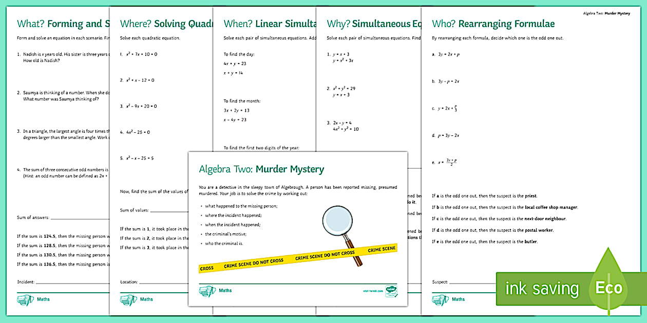 Algebra Two: Murder Mystery Activity Pack - Twinkl