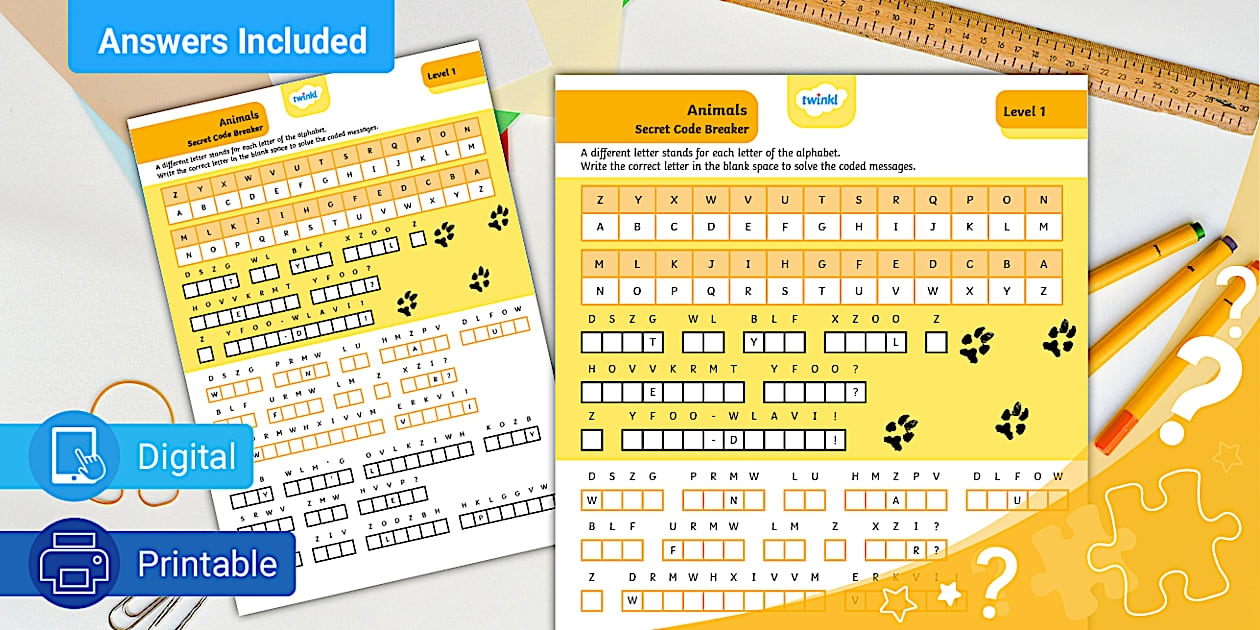 Animals Secret Code Breaker - L1 - Twinkl - Kids Puzzles