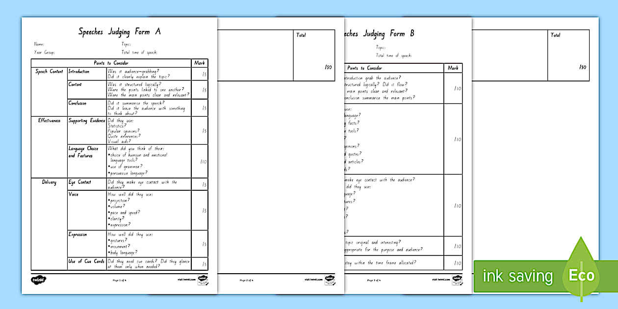 Speeches Judging Forms Checklist - Twinkl