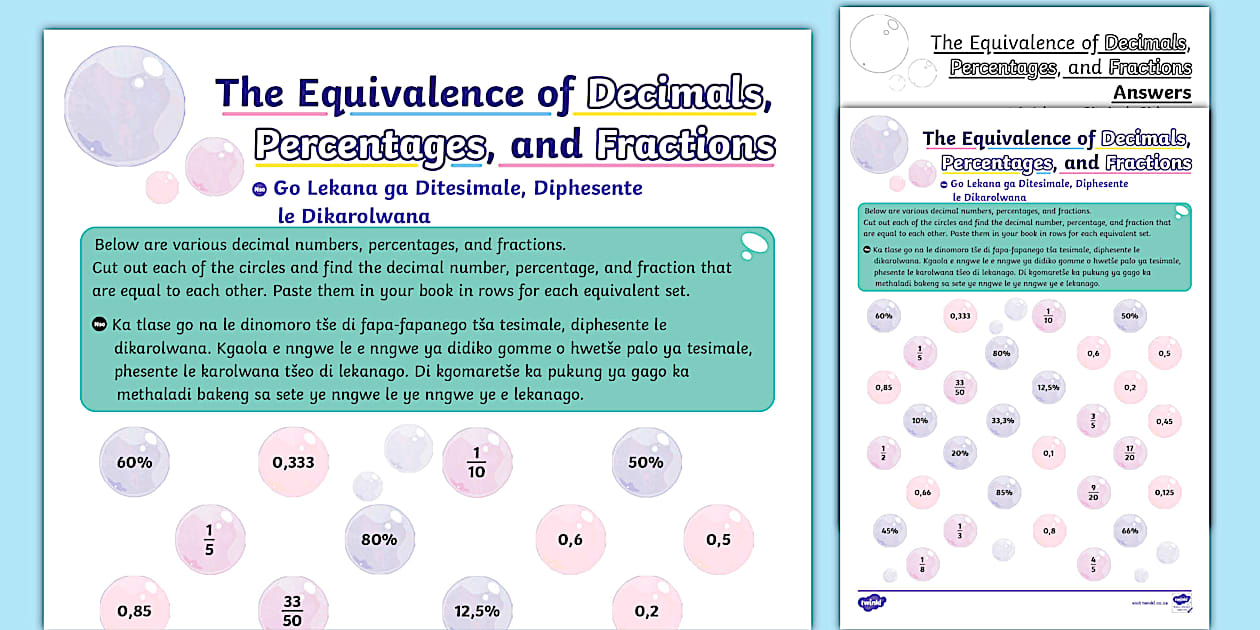The Equivalence of Decimals, Percentages, and Fractions Activity Sheet ...