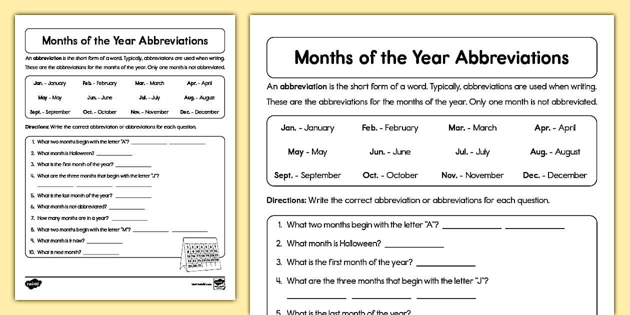 Second Grade Months of the Year Abbreviations Worksheet