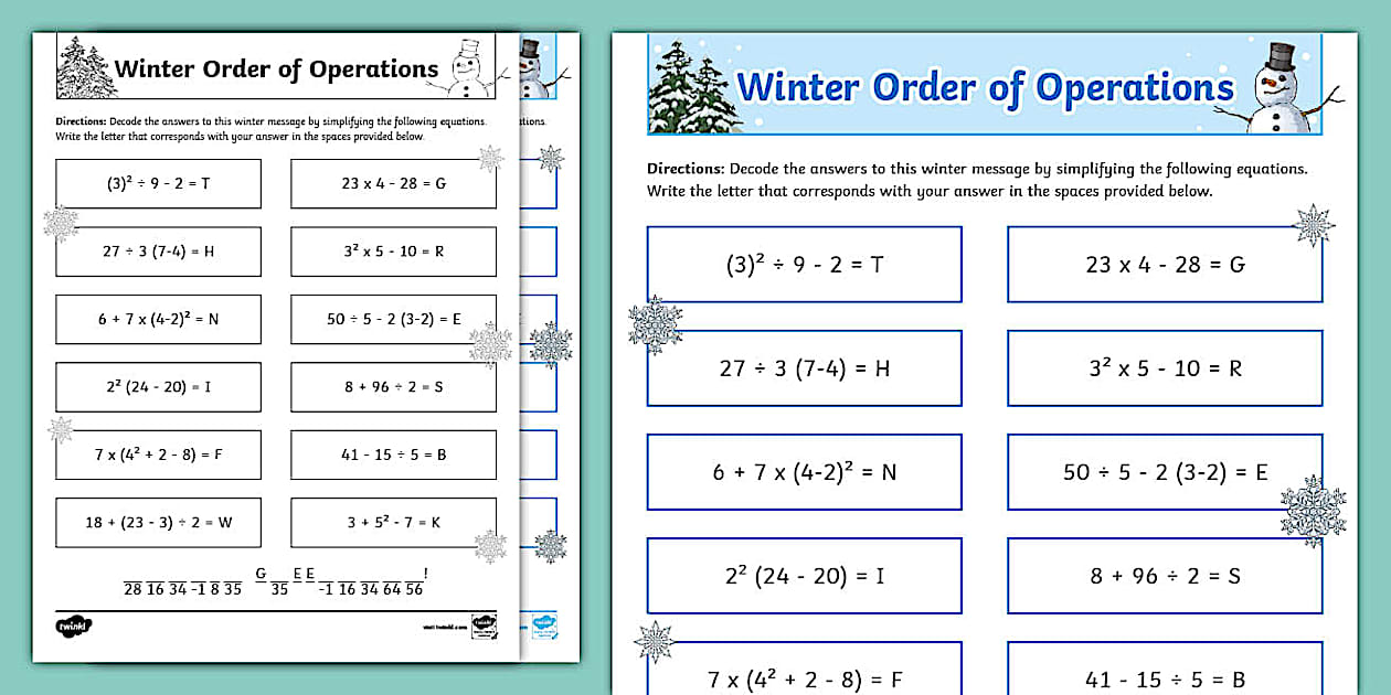 Fifth Grade Winter Order of Operations Activity Worksheet