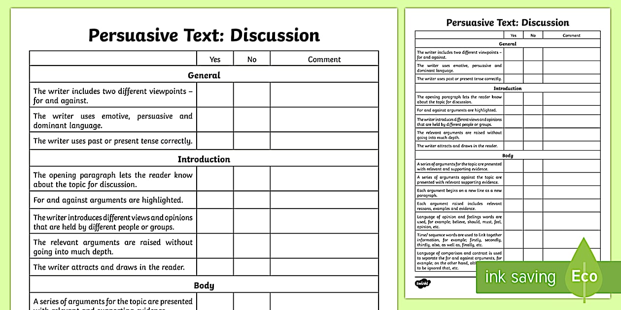 Persuasive Text: Discussion Assessment Checklist - Twinkl