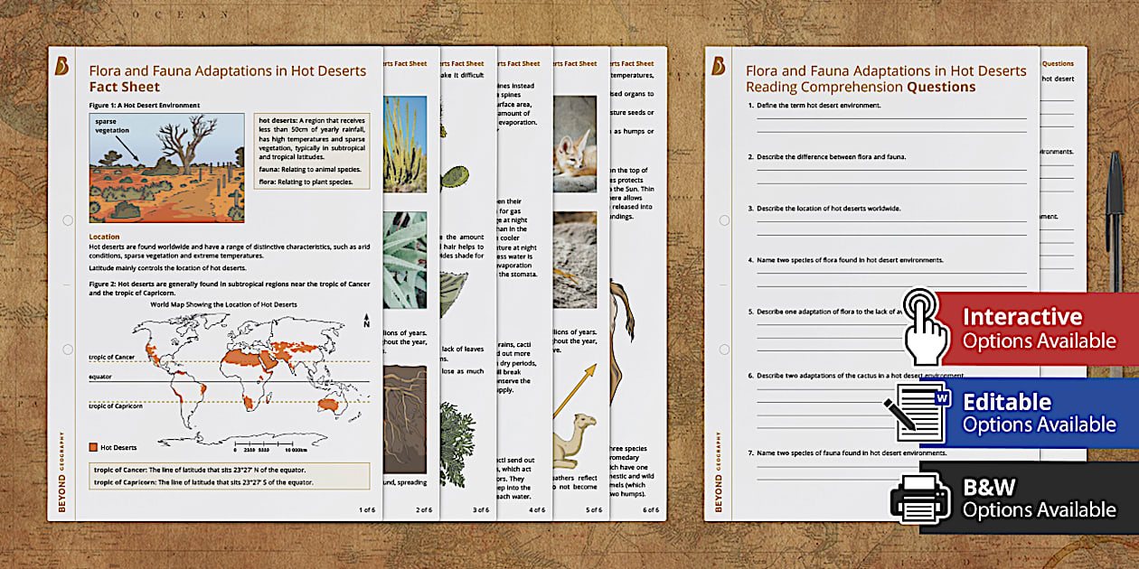 AQA Flora and Fauna Adaptations in Hot Deserts Reading Comp