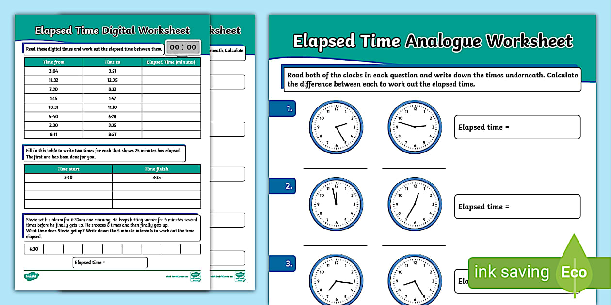 Elapsed Time Worksheets | Telling the Time | Twinkl - Twinkl