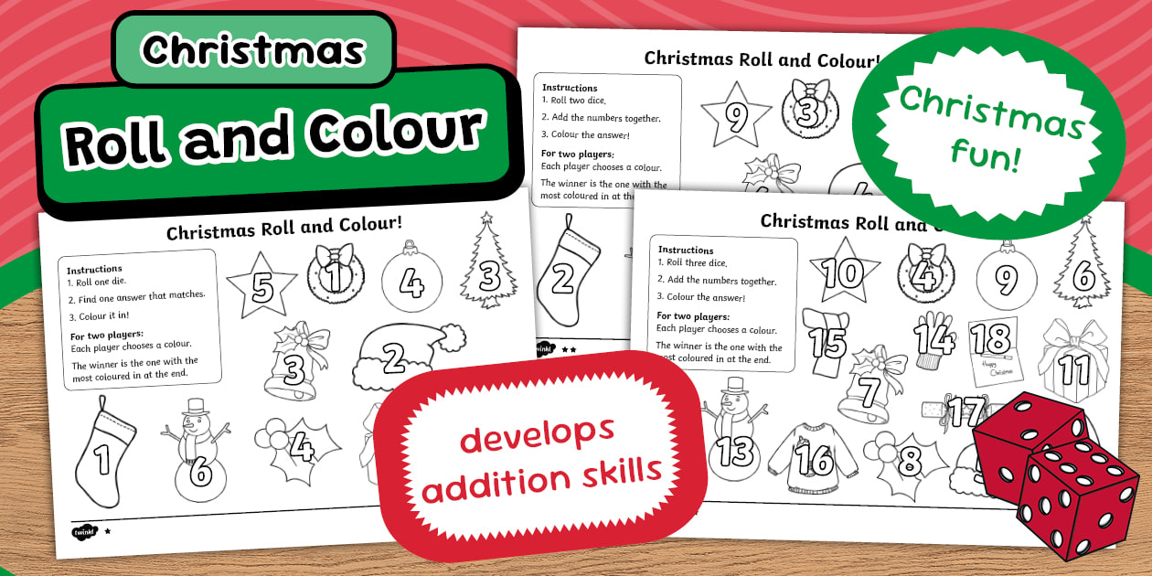 Christmas Roll and Colour Addition Activity Sheet