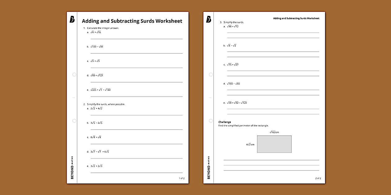 Adding and Subtracting Surds Worksheet | Beyond Maths