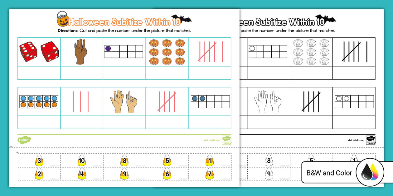 Halloween Subitize Within 10 Cut and Paste Worksheet