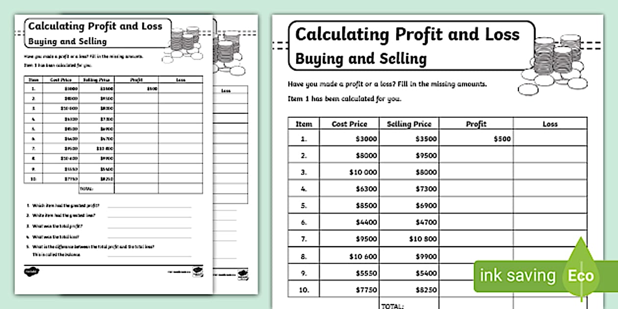 Calculating Profit and Loss Worksheets | Primary Resources