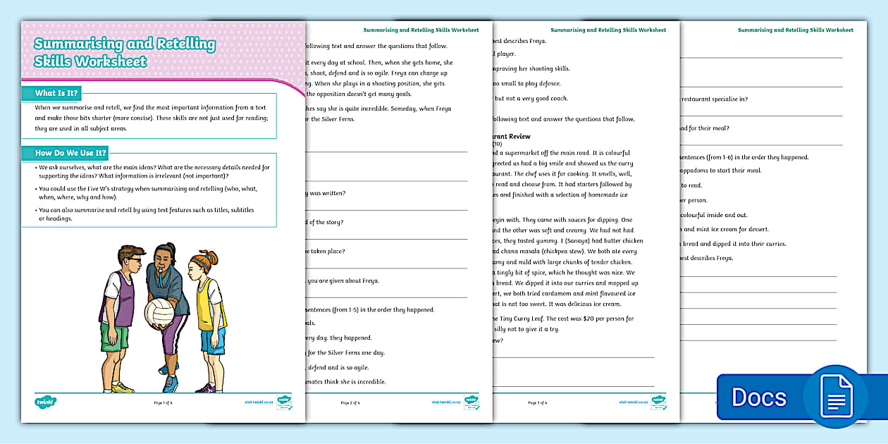 Reading Comprehension Skills: Summarising and Retelling Worksheet (Year ...