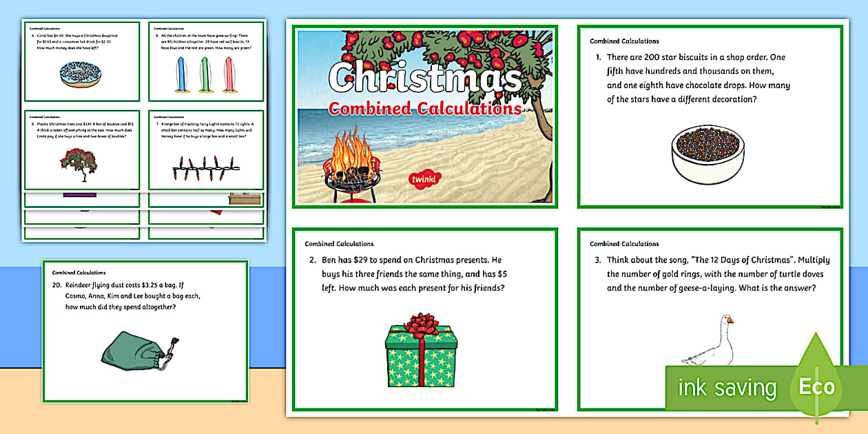 Christmas Combined Calculations Challenge Cards - Twinkl
