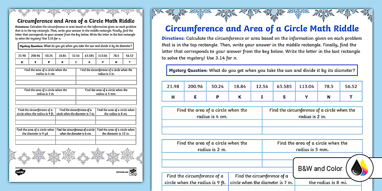 Seventh Grade Circumference and Area of a Circle Winter Math Riddle