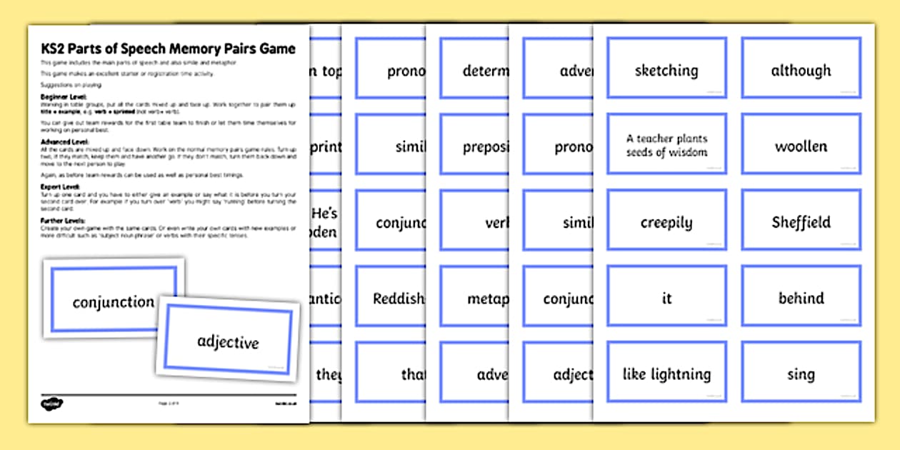 KS2 Parts of Speech Memory Pairs Game (teacher made)