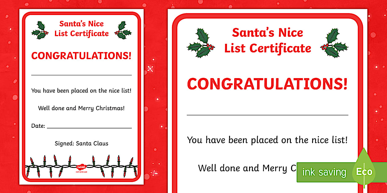 Santa's Nice List Certificate (teacher made) - Twinkl