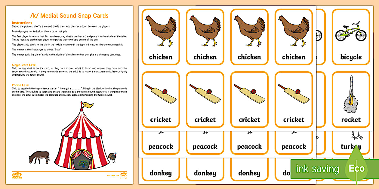 /k/ Medial Sound Snap Cards Worksheet - Twinkl