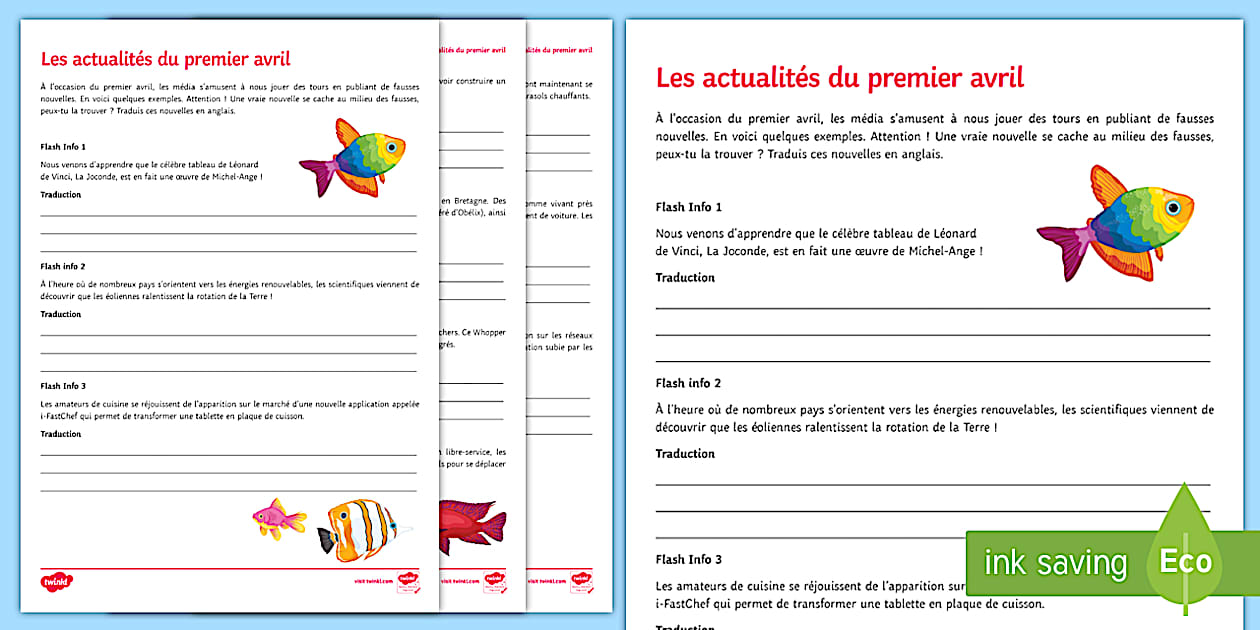 April Fool's Day Fake News Translation Worksheet / Worksheet - French
