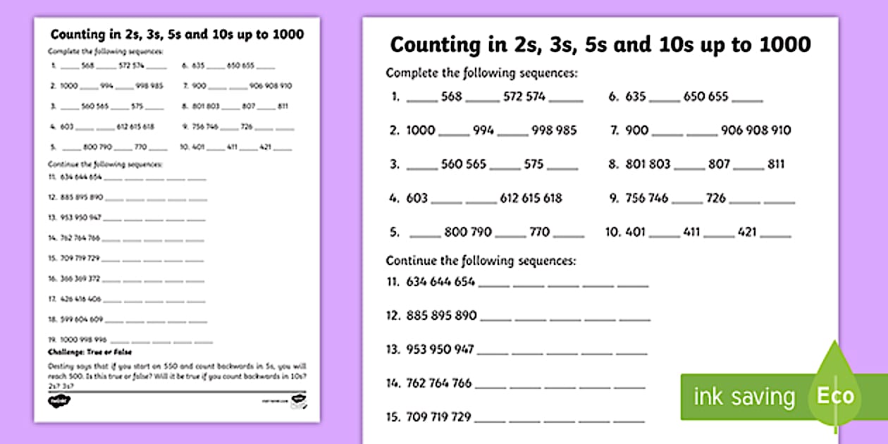 Counting in 2s, 3s and 5s up to 1000 Worksheet - Twinkl