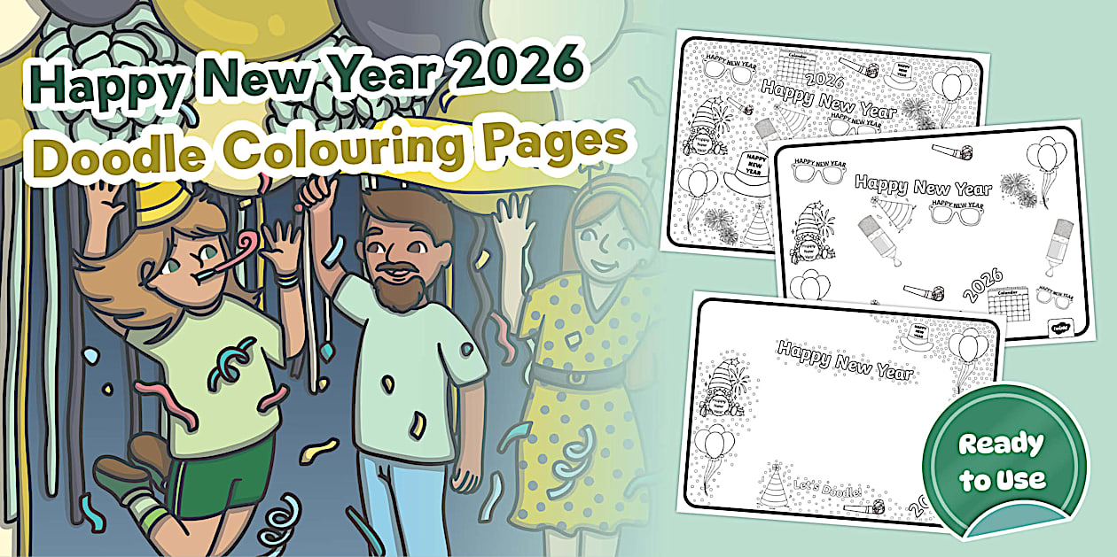 Happy New Year 2026 Doodle Colouring Pages